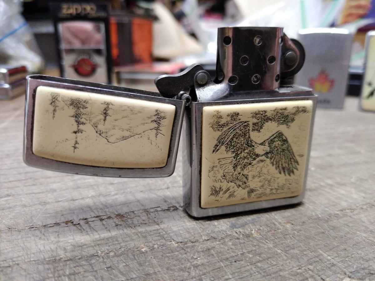 Vtg 2002 Zippo Cigarette Lighter Scrimshaw Eagle Mountain Nice Snap US ...