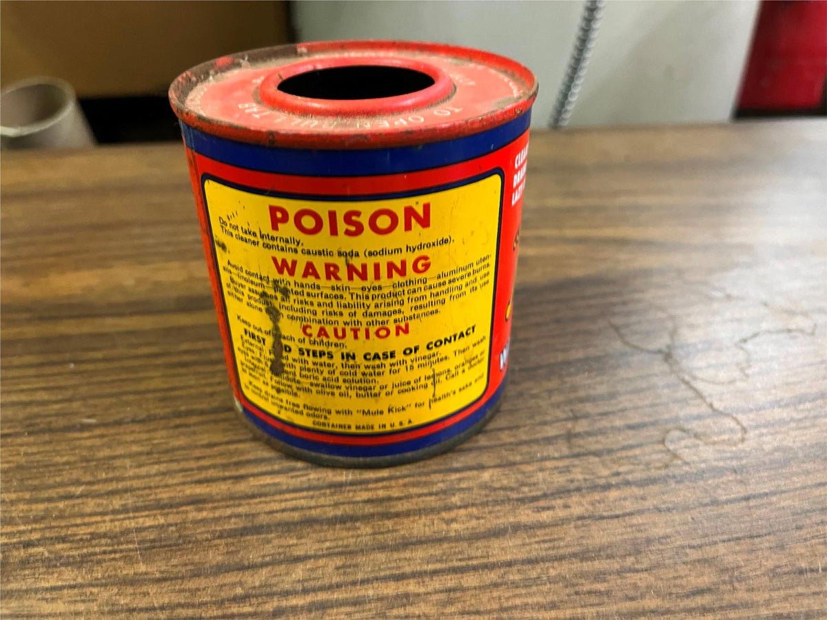 VTG Antique 1930s Mule Kick Waste Pipe Cleaner 12oz Graphic Tin Can ...
