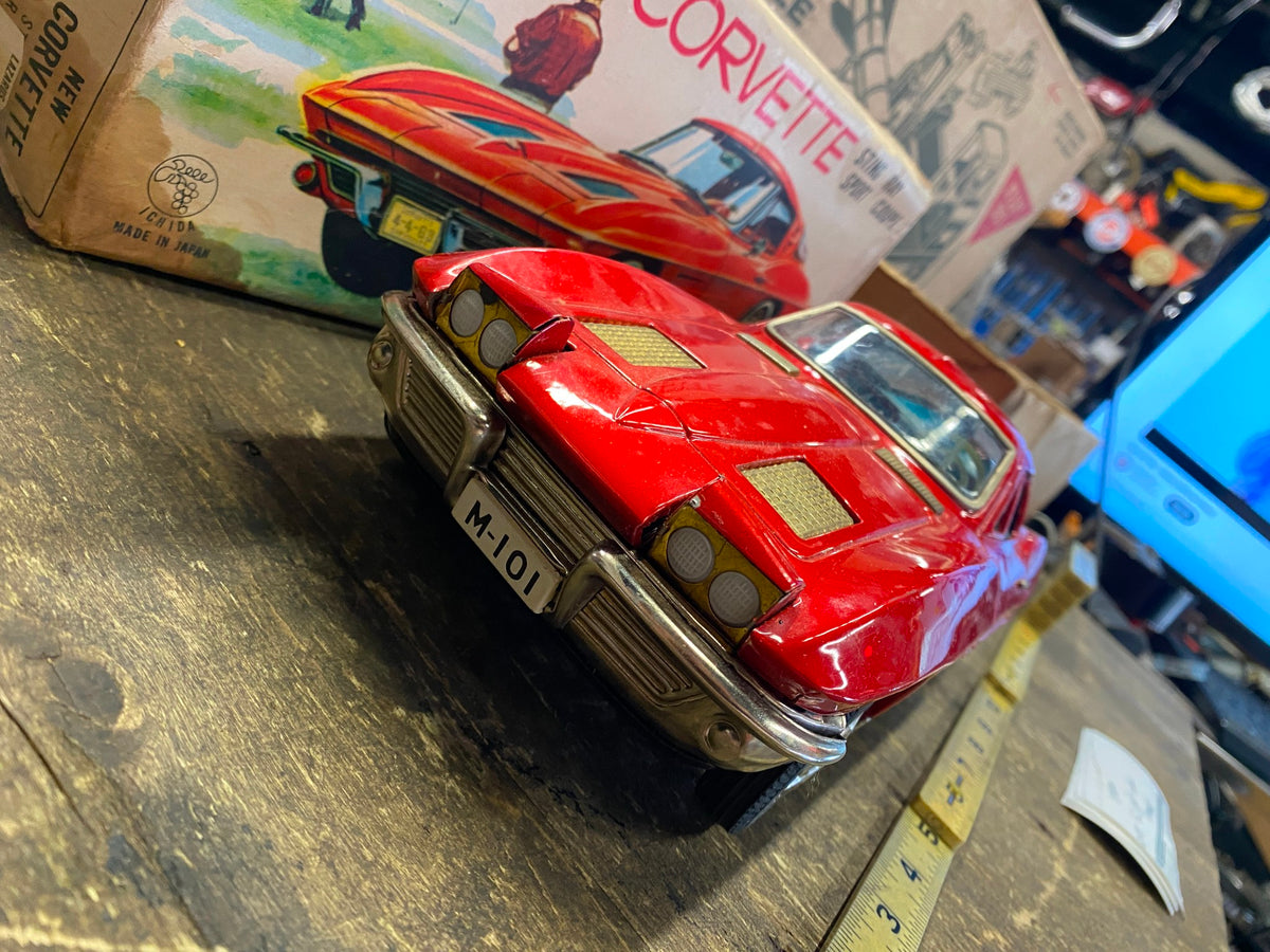Vtg Licensed Chevy Red Corvette Car Tin Toy Orig Box Japan Battery Ich ...