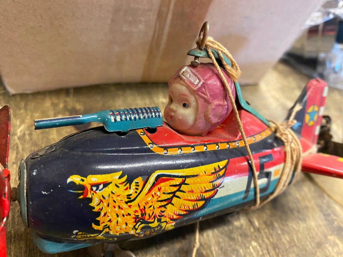 Vtg Tin Wind Up Toy Airplane Machine Gun Tether Litho Celluloid Marx A ...