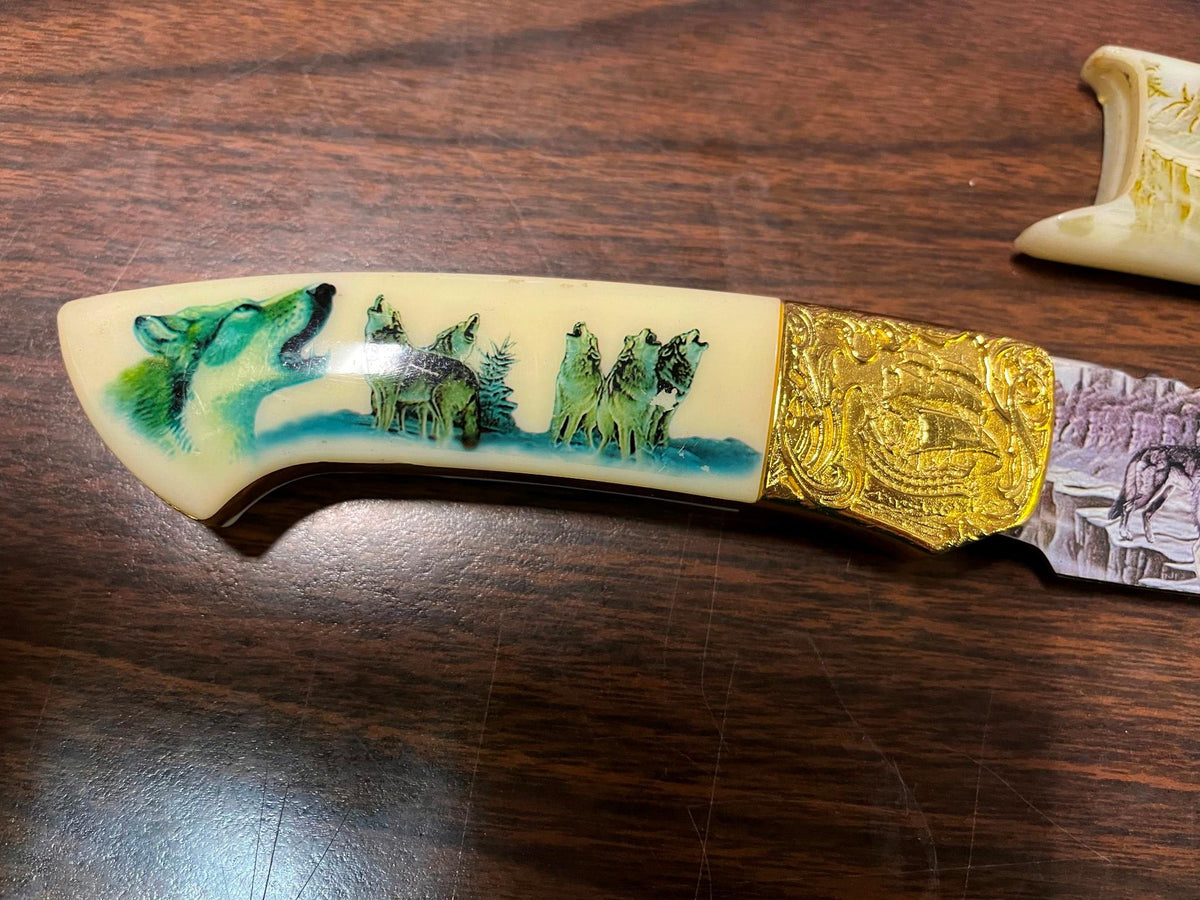VTG Fixed Blade Howling Wolves Double Design Sheathed Knife 12 ...